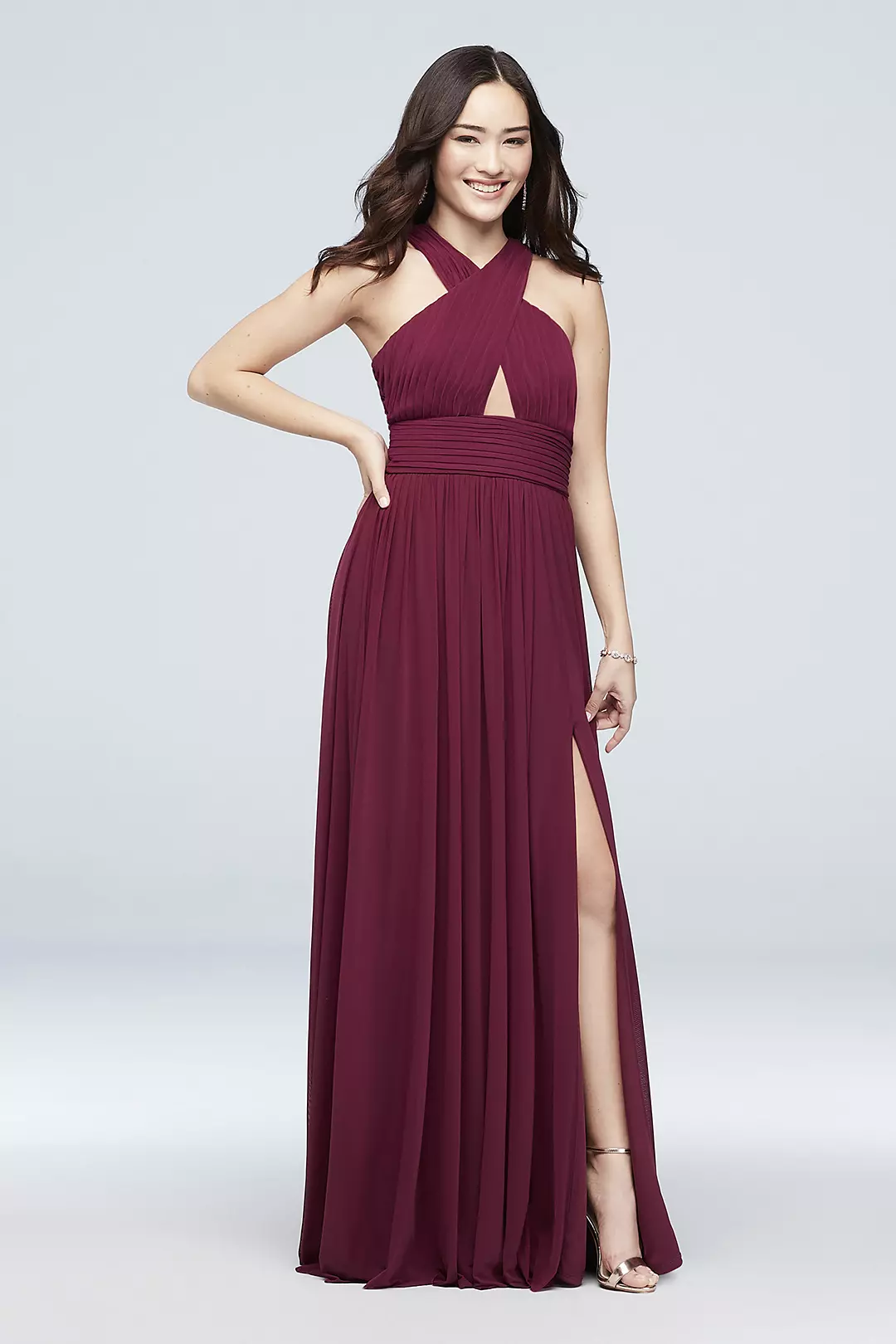 Cross-Front Mesh Halter Dress with Open Back | David's Bridal Cross-Front Mesh Halter Dress with Open Back | David's Bridal