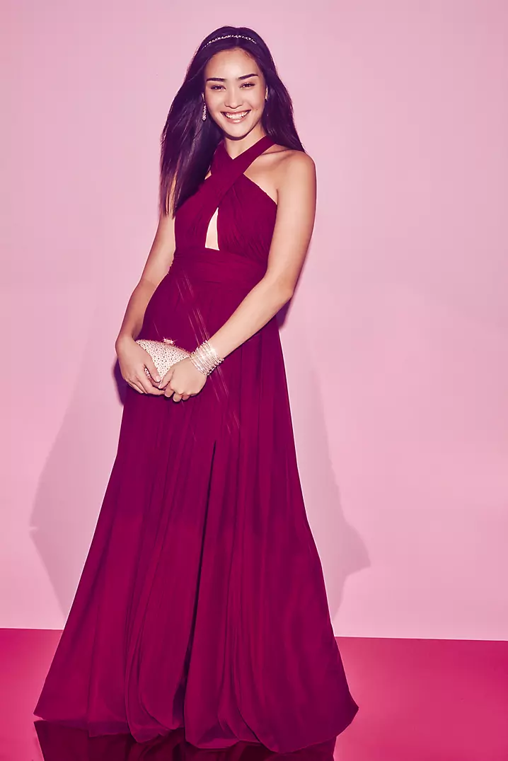 Cross-Front Mesh Halter Dress with Open Back | David's Bridal Cross-Front Mesh Halter Dress with Open Back | David's Bridal