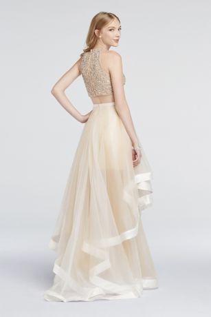 Two Piece Beaded Prom Crop Top and Illusion Skirt | David's Bridal