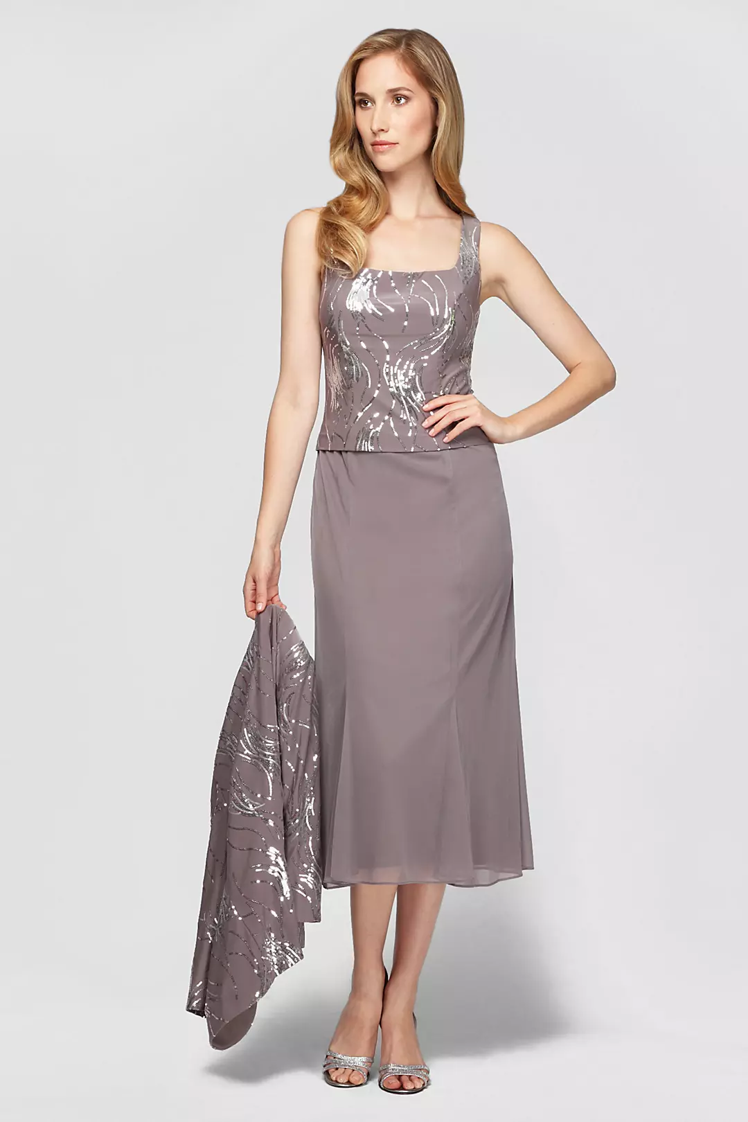 Mock Three-Piece Sequined Chiffon Dress | David's Bridal Mock Three-Piece Sequined Chiffon Dress | David's Bridal