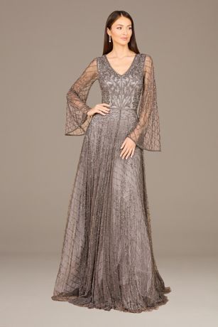 Lara Beaded Flutter Long Sleeve A-Line Dress | David's Bridal