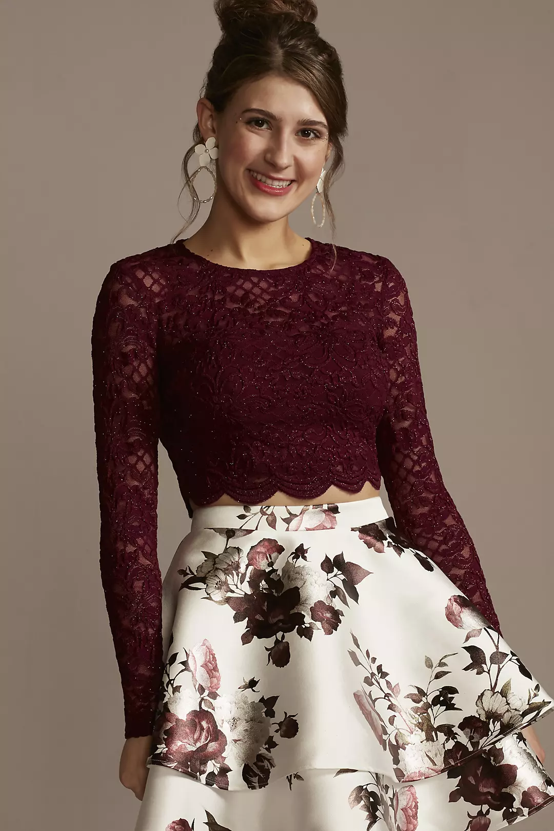 Lace Top and Floral Satin Skirt Two-Piece Set | David's Bridal Lace Top and Floral Satin Skirt Two-Piece Set | David's Bridal