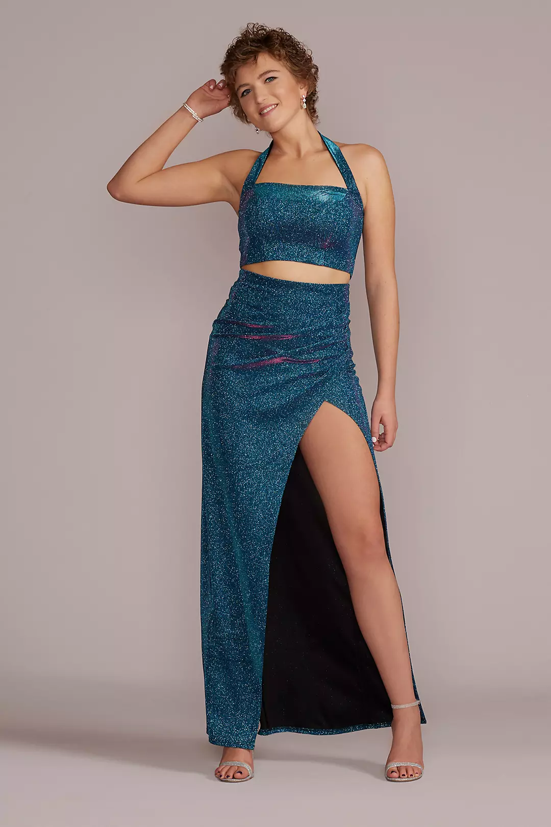Metallic Glitter Two-Piece Set with Slit Skirt | David's Bridal Metallic Glitter Two-Piece Set with Slit Skirt | David's Bridal