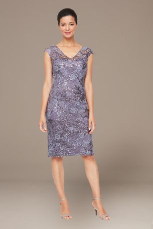 Petite Short Cap Sleeve Embroidered Tulle Sheath | David's Bridal