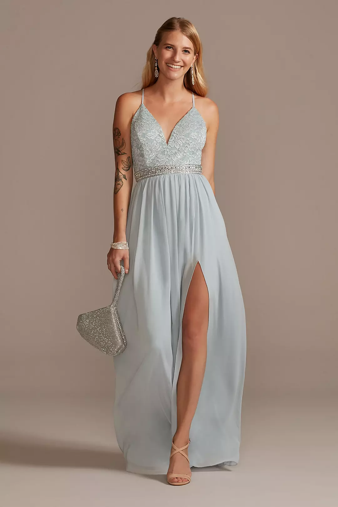 Lace Back Spaghetti Strap Dress with Beaded Belt | David's Lace Back Spaghetti Strap Dress with Beaded Belt | David's