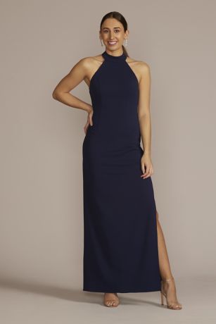 Stretch Crepe Halter Sheath Dress with Side Slit | David's Bridal
