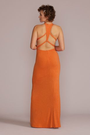 Glitter Knit Halter Sheath Gown with Keyhole | David's Bridal