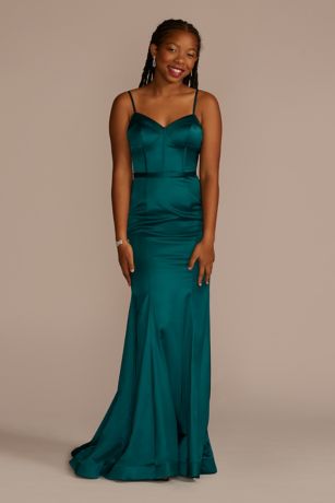 Spaghetti Strap Stretch Satin Corset Mermaid Dress | David's Bridal