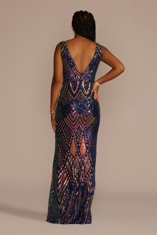 Long Sequin Patterned V-Neck Sheath Dress | David's Bridal