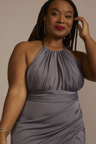 Chain Halter Satin Keyhole Sheath Dress | David's Bridal