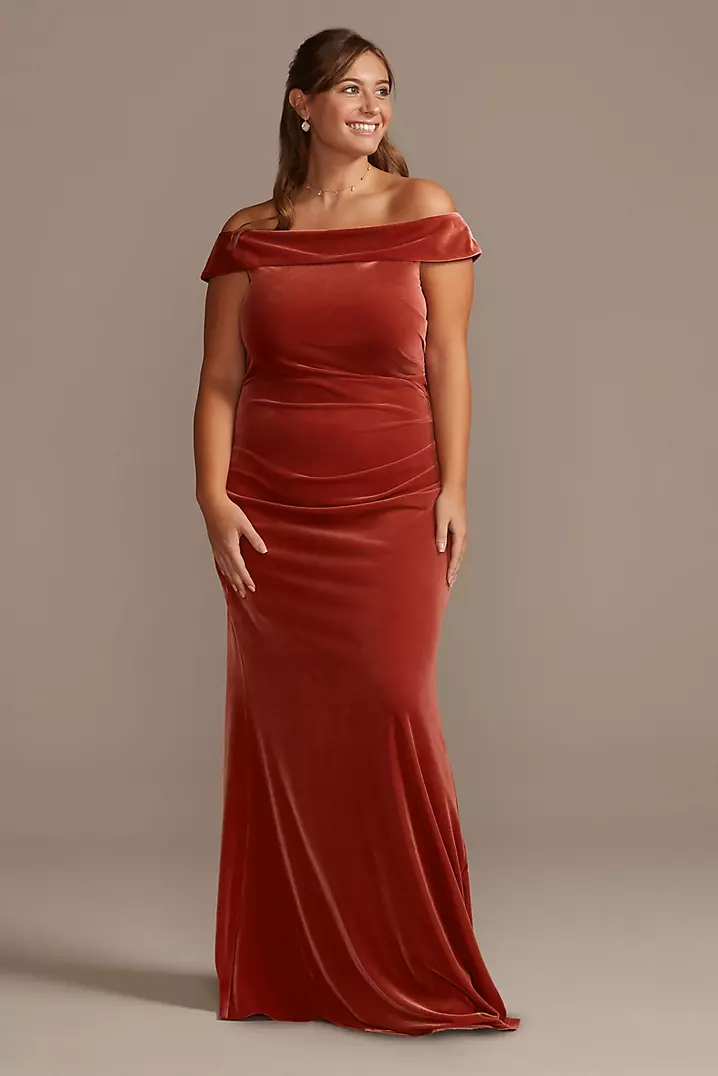 Velvet Off-the-Shoulder Dress | David's Bridal Velvet Off-the-Shoulder Dress | David's Bridal