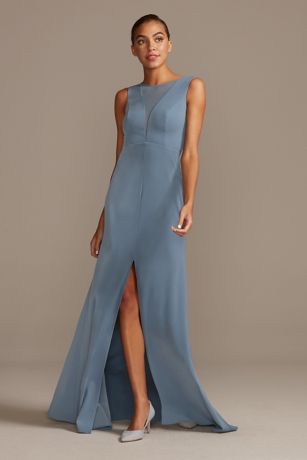 Illusion Deep-V Center Slit Stretch Crepe Dress | David's Bridal