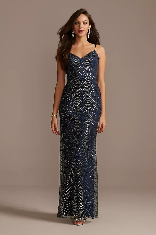 Geometric Sequin Spaghetti Strap Sheath Dress | David's Bridal Geometric Sequin Spaghetti Strap Sheath Dress | David's Bridal