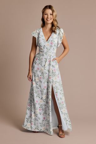 Floral Chiffon Flutter Sleeve V-Neck Dress | David's Bridal