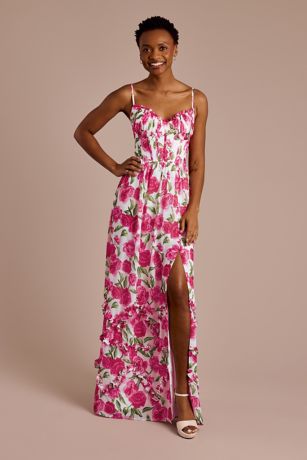 Ruffled Floral Chiffon Spaghetti Strap Dress | David's Bridal