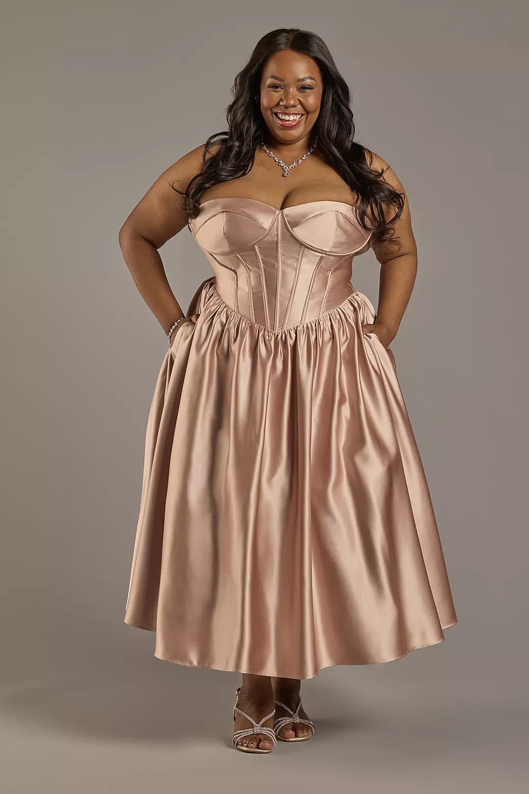 Satin Strapless Drop Waist Midi Dress | David's Bridal Satin Strapless Drop Waist Midi Dress | David's Bridal