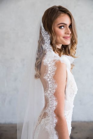Silk English Tulle Chapel Veil with Eyelash Lace | David's Bridal