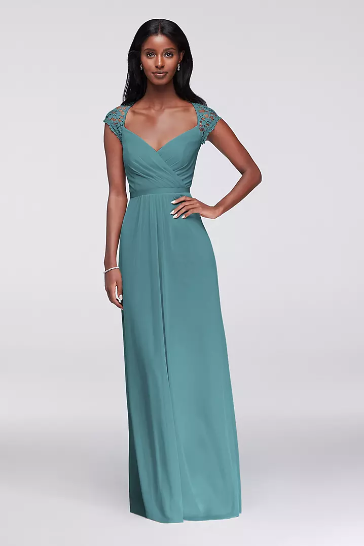 Long Mesh Dress with Lace Cap Sleeves | David's Bridal Long Mesh Dress with Lace Cap Sleeves | David's Bridal