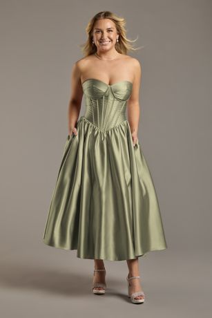 Satin Strapless Drop Waist Midi Dress | David's Bridal