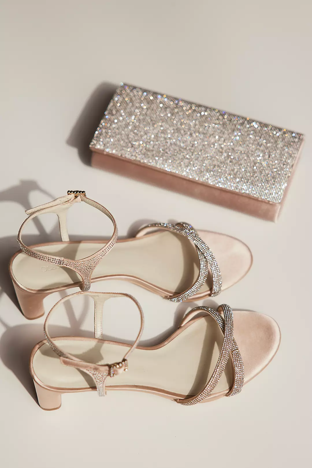 Crystal Embellished Cross Strap Block Heel Sandals | David's Bridal Crystal Embellished Cross Strap Block Heel Sandals | David's Bridal