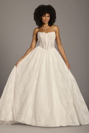 Strapless Allover Lace Basque Waist Ball Gown