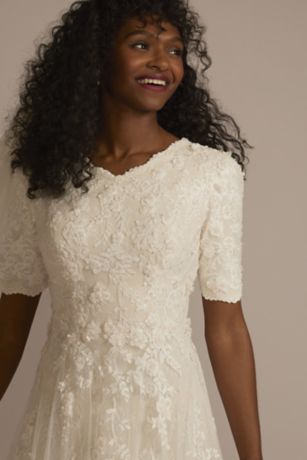 Beaded Lace Elbow Sleeve Modest Wedding Dress | David's Bridal