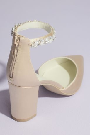 Pointed Toe Satin Block Heels with Crystal Strap | David's Bridal