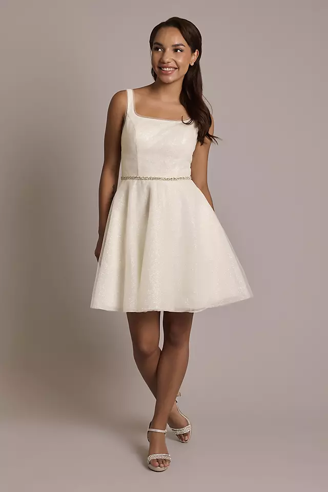 Allover Glitter Square Neck A-Line Short Dress | David's Bridal Allover Glitter Square Neck A-Line Short Dress | David's Bridal