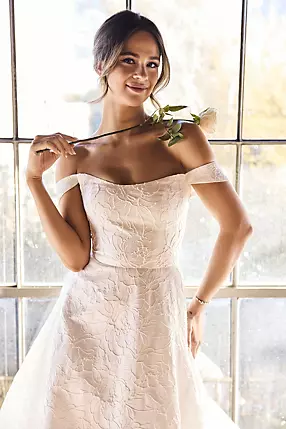 Jacquard Off-the-Shoulder Ball Gown Wedding Dress | David's Jacquard Off-the-Shoulder Ball Gown Wedding Dress | David's
