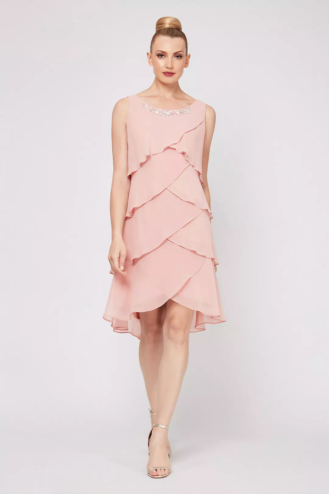 Tiered Chiffon Jacket Dress with Embellished Neck | David's Tiered Chiffon Jacket Dress with Embellished Neck | David's