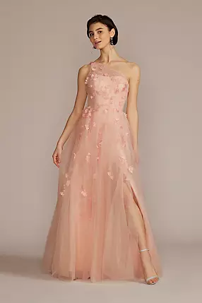 Embroidered 3D Floral One Shoulder Tulle A-Line | David's Bridal Embroidered 3D Floral One Shoulder Tulle A-Line | David's Bridal
