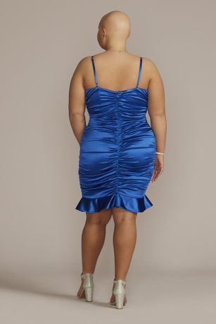 Ruched Stretch Satin Mini Dress with Ruffled Hem | David's Bridal