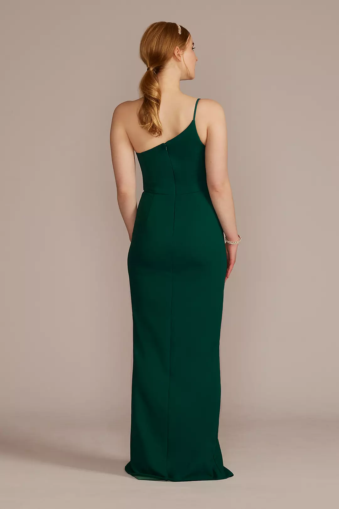 One-Shoulder Crepe Sheath with Cascade Ruffle | David's Bridal One-Shoulder Crepe Sheath with Cascade Ruffle | David's Bridal