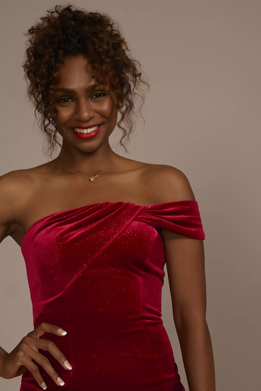 One-Shoulder Sparkle Velvet Sheath with Slit | David's Bridal One-Shoulder Sparkle Velvet Sheath with Slit | David's Bridal