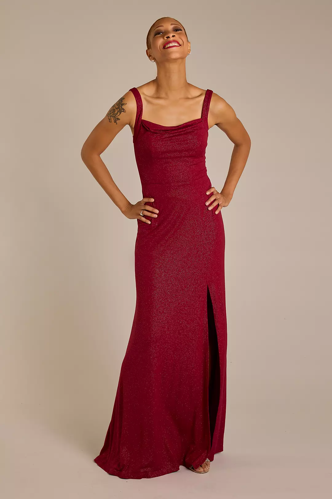 Cowl Neck Glitter Knit Long A-Line Dress | David's Bridal Cowl Neck Glitter Knit Long A-Line Dress | David's Bridal