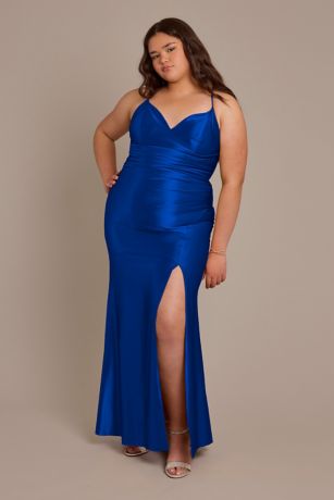 Pleated Stretch Satin Long Sheath Dress with Slit | David's Bridal