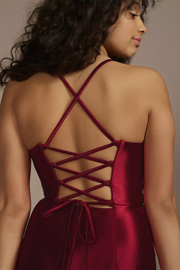 Pleated Stretch Satin Mini Dress | David's Bridal Pleated Stretch Satin Mini Dress | David's Bridal