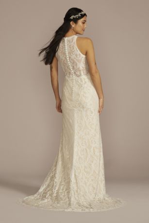 Halter Neck Button Back Allover Lace Wedding Dress | David's Bridal