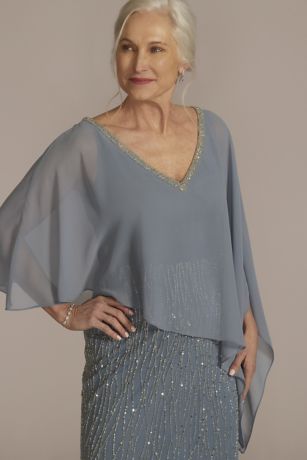 Beaded V-Neck Sheath Gown with Chiffon Capelet | David's Bridal