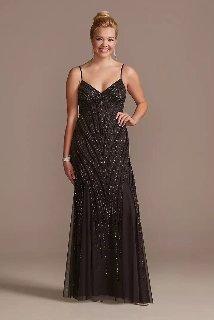 Beaded Overlay Spaghetti Strap Dress with Godets | David's Beaded Overlay Spaghetti Strap Dress with Godets | David's