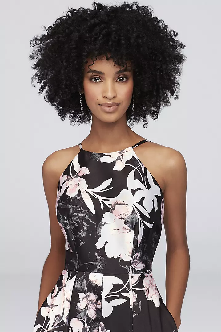 Floral Printed High-Low Mikado Fit-to-Flare Dress | David's Floral Printed High-Low Mikado Fit-to-Flare Dress | David's