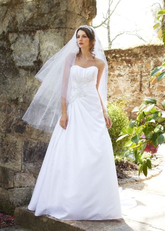 Satin Side Draped Gown with Beaded Lace Appliques | David's Bridal
