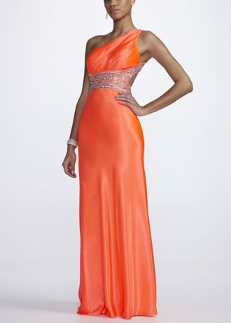 One Shoulder Neon Gown with Illusion Waist | David's Bridal